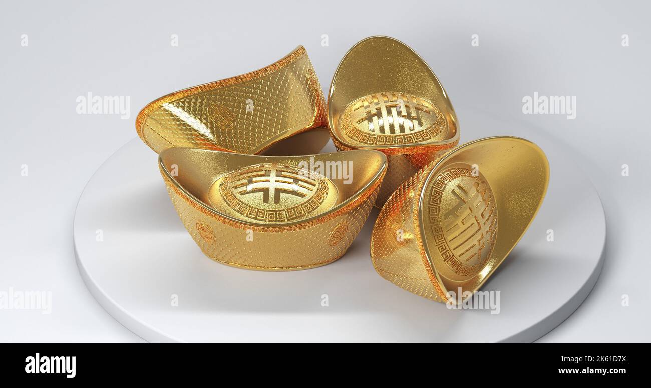 Chinese golden ingots are spinning on a stand, on a white background ...