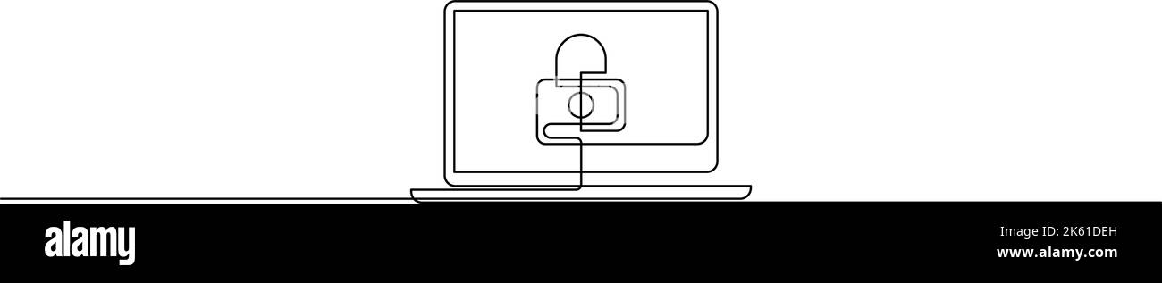 Continuous one line drawing of laptop with padlock on screen. Personal ...