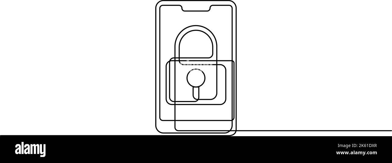 Continuous line drawing of smartphone with security lock on screen. Vector illustration Stock ...