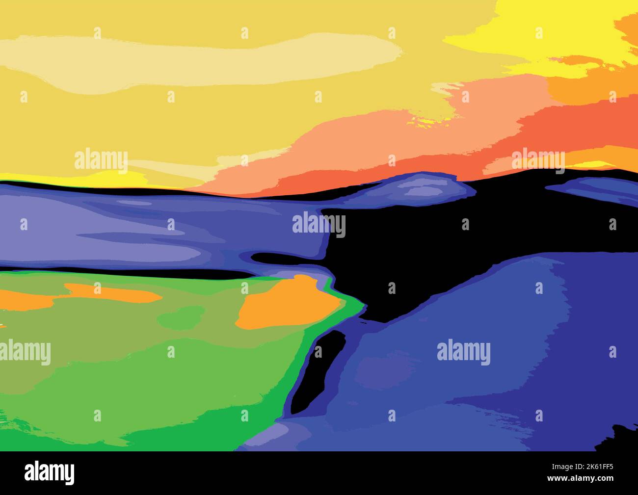 Abstract Landscape Art Illustration with Beach, Hills, Sky and Ocean ...