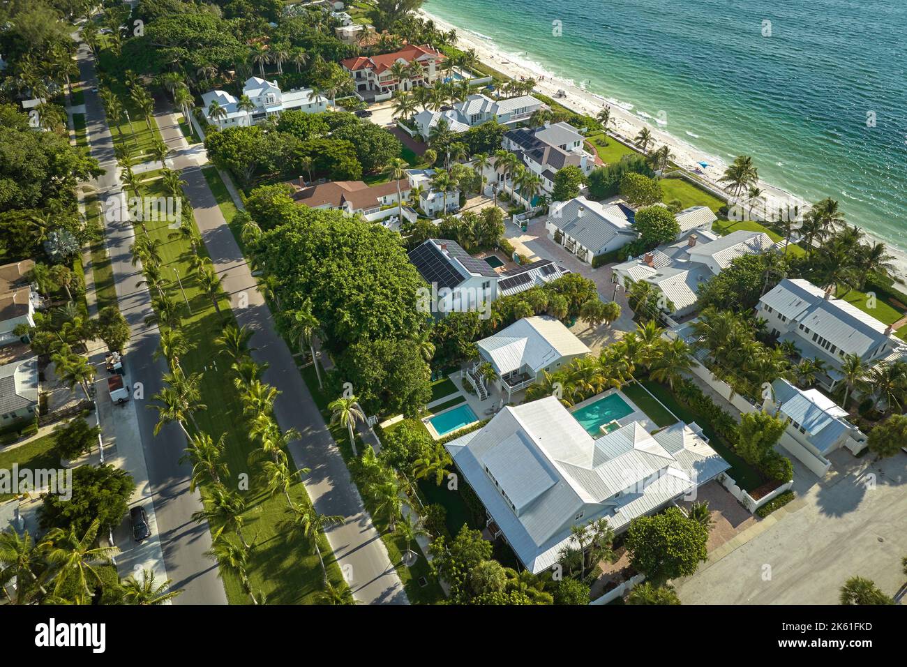 View from above of large residential houses in island small town Boca ...