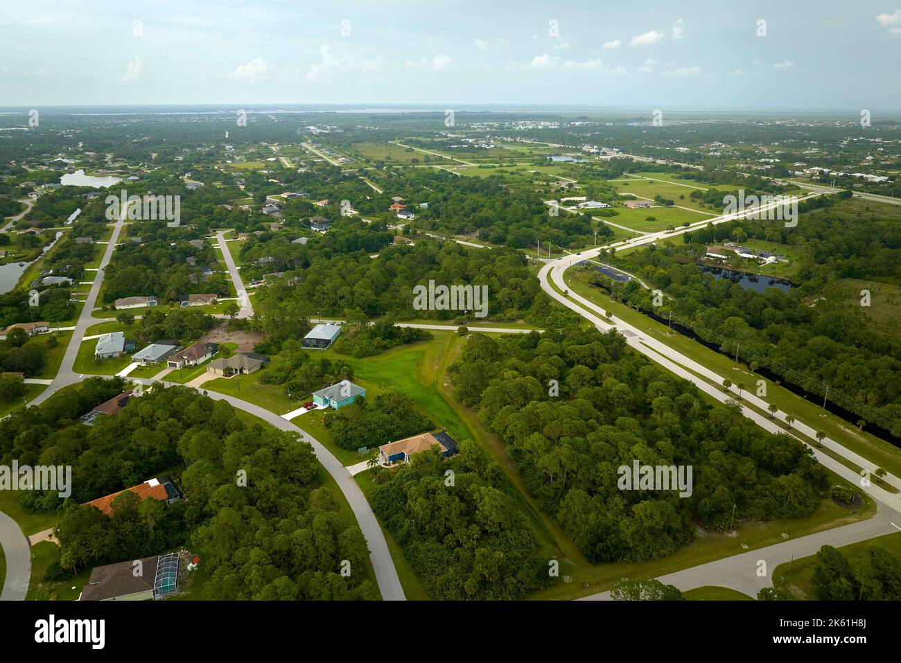 Aerial view of small town America suburban landscape with private homes ...