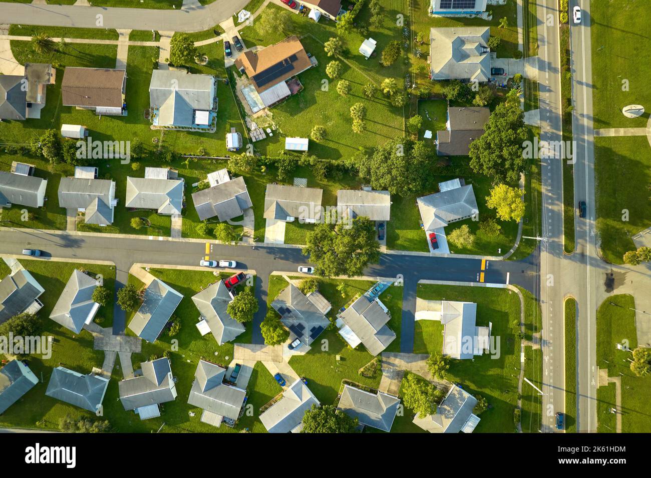 Aerial view of small town America suburban landscape with private homes ...