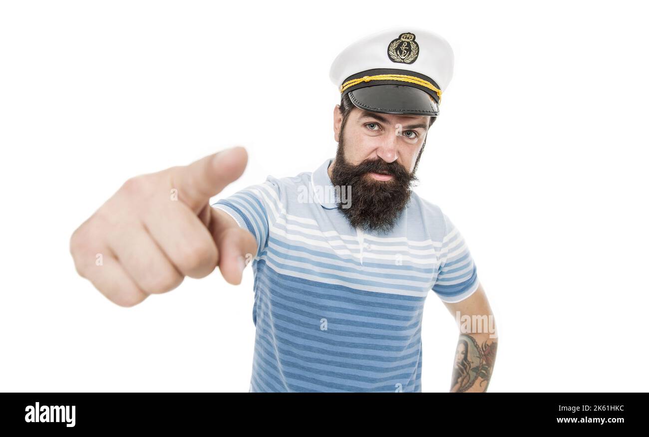 Welcome aboard. Bearded man captain of ship. Sea cruise. Travel concept ...