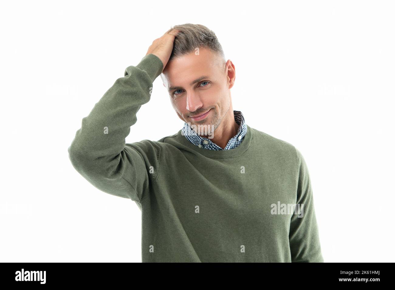 cheerful mature grizzled man portrait with stubble isolated on white ...