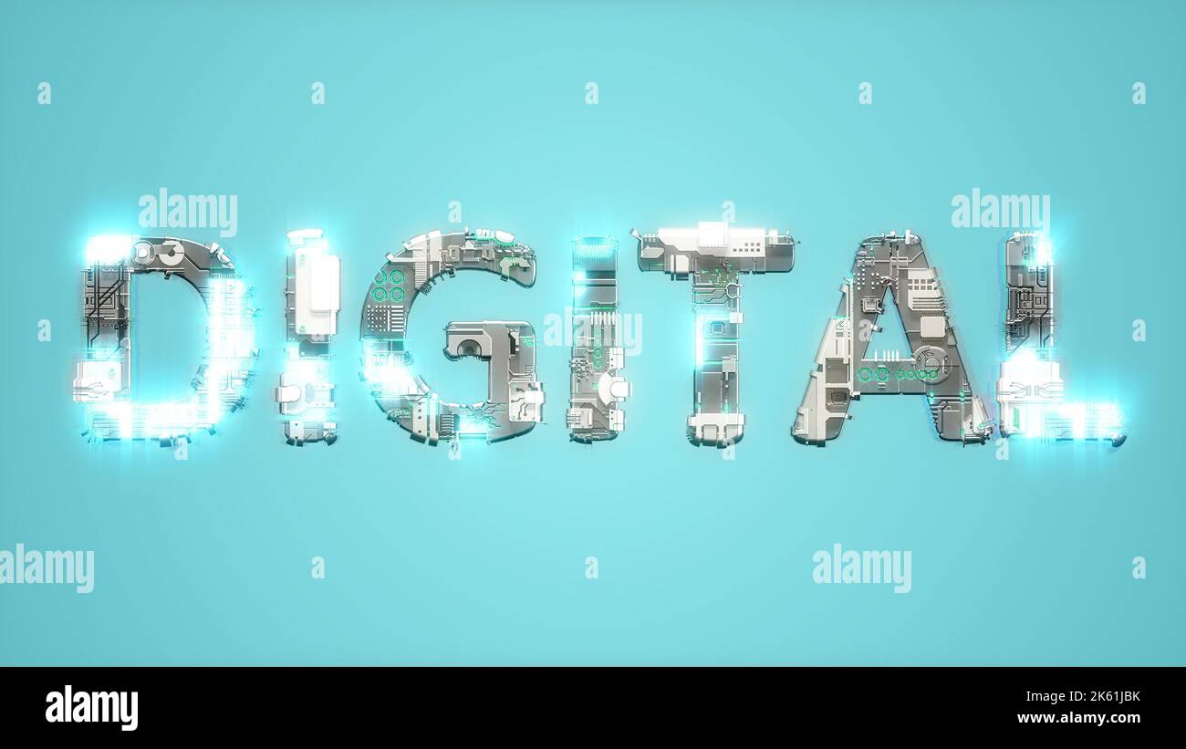 modern shining cybernetic text DIGITAL on blue backdrop - abstract 3D ...