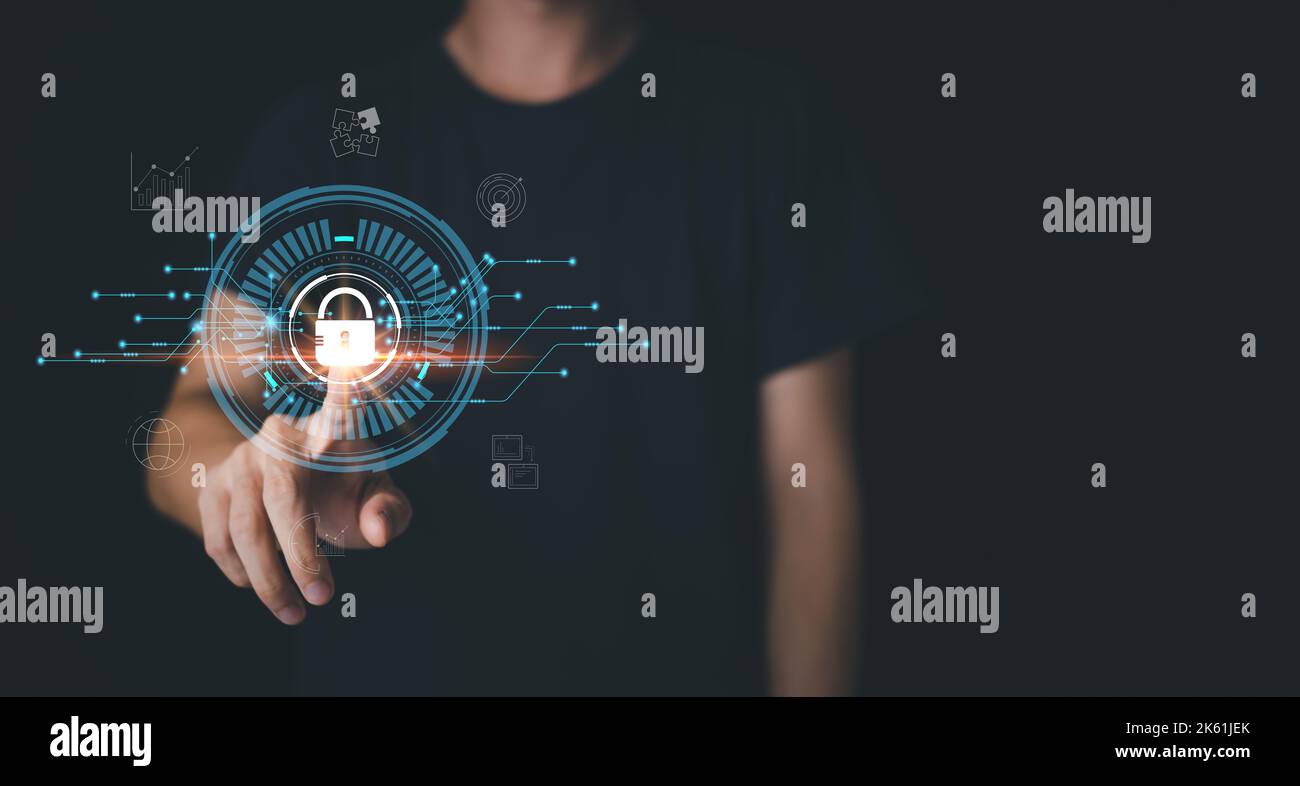 Man touching security scanning of digital programs. Surveillance of ...