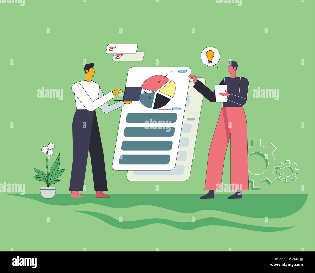 An illustration of two people doing data analysis on green background ...