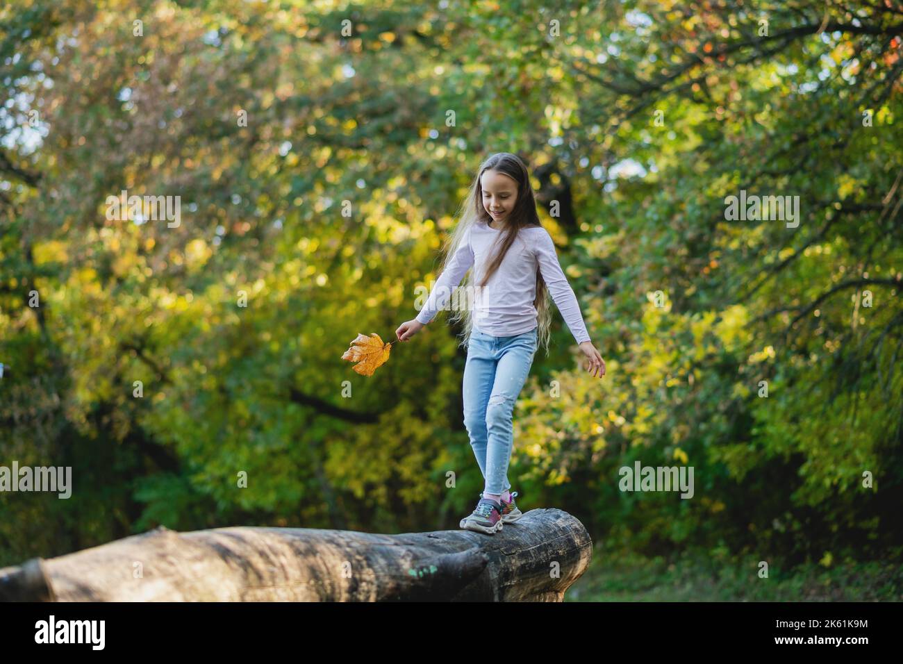 Cute girl balances on a fallen log with a leaf in her hand in the park ...