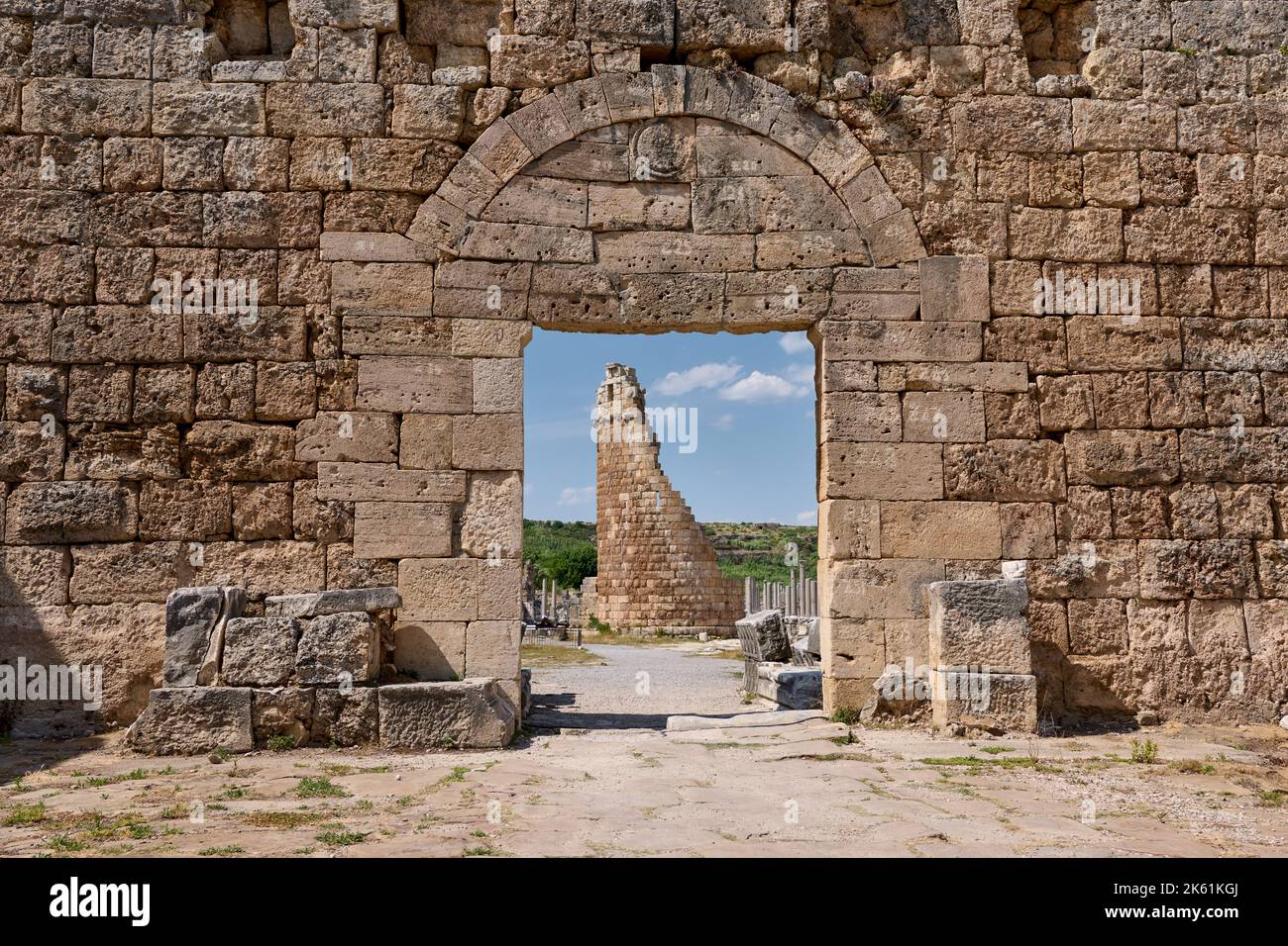 Ancient gate through the city walls into the ruins of Perge, ruins of ...