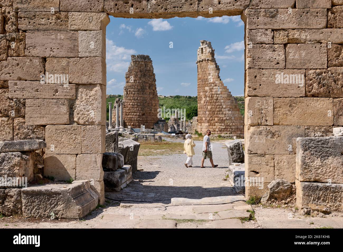 Ancient gate through the city walls into the ruins of Perge, ruins of ...