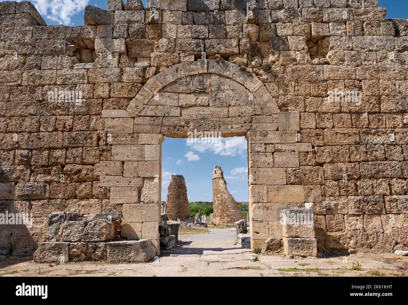 Ancient gate through the city walls into the ruins of Perge, ruins of ...