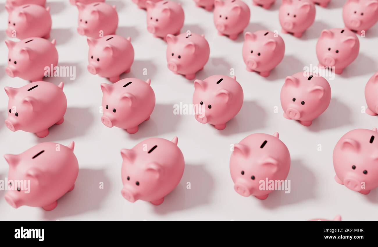 A collection of pink piggy bank money boxes. Finance and saving concept ...