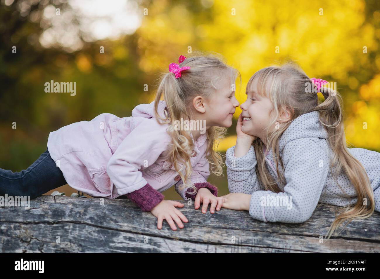 Two child girls lie on a log face to face, touching their noses Stock Photo - Alamy