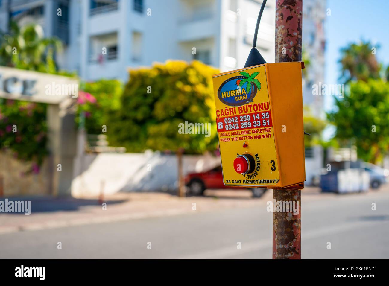Antalya, Turkey - September 26, 2022: Taxi call button in outside ...