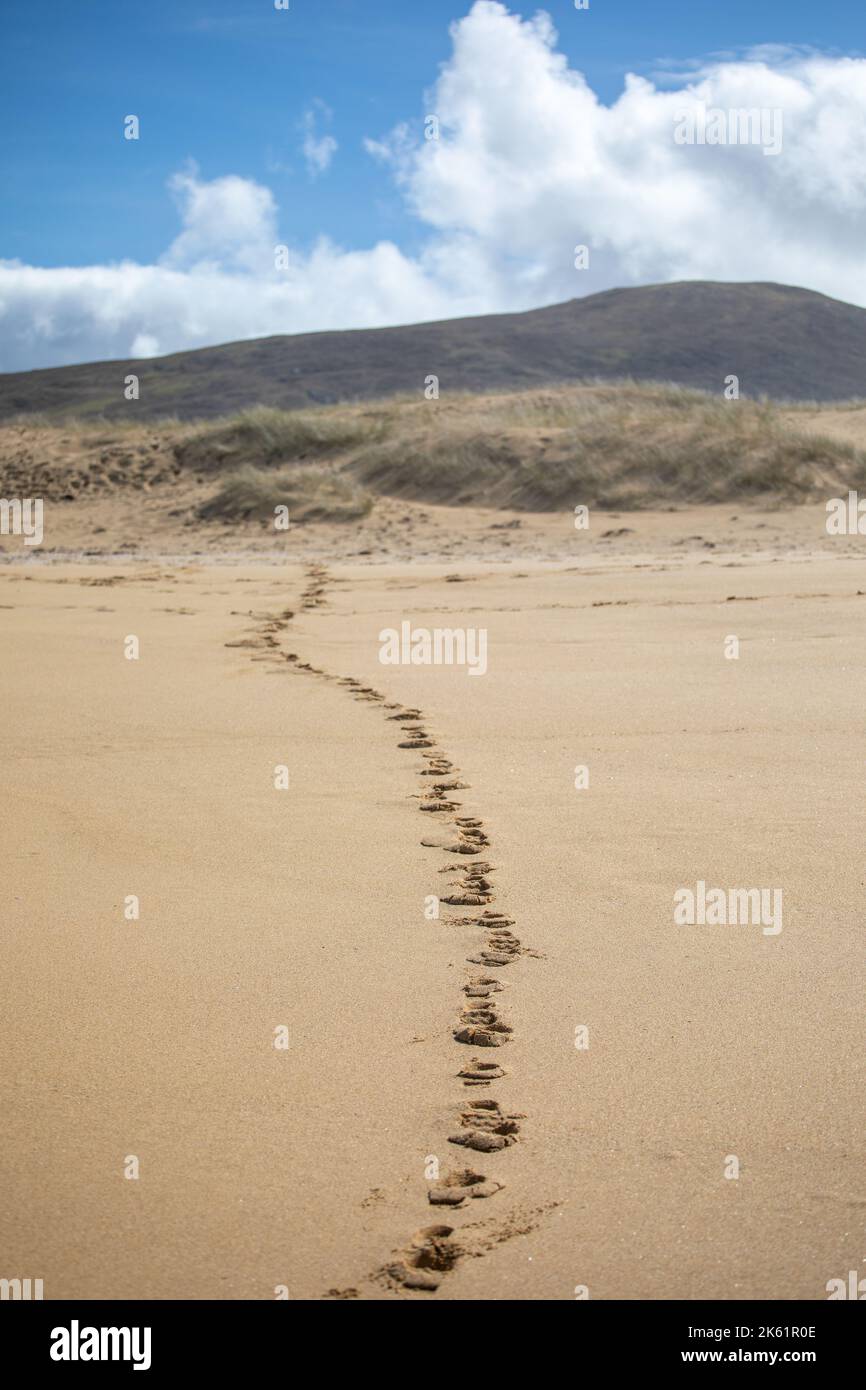 A vertical shot of footsteps on the sand in Scarista Beach with a hill ...