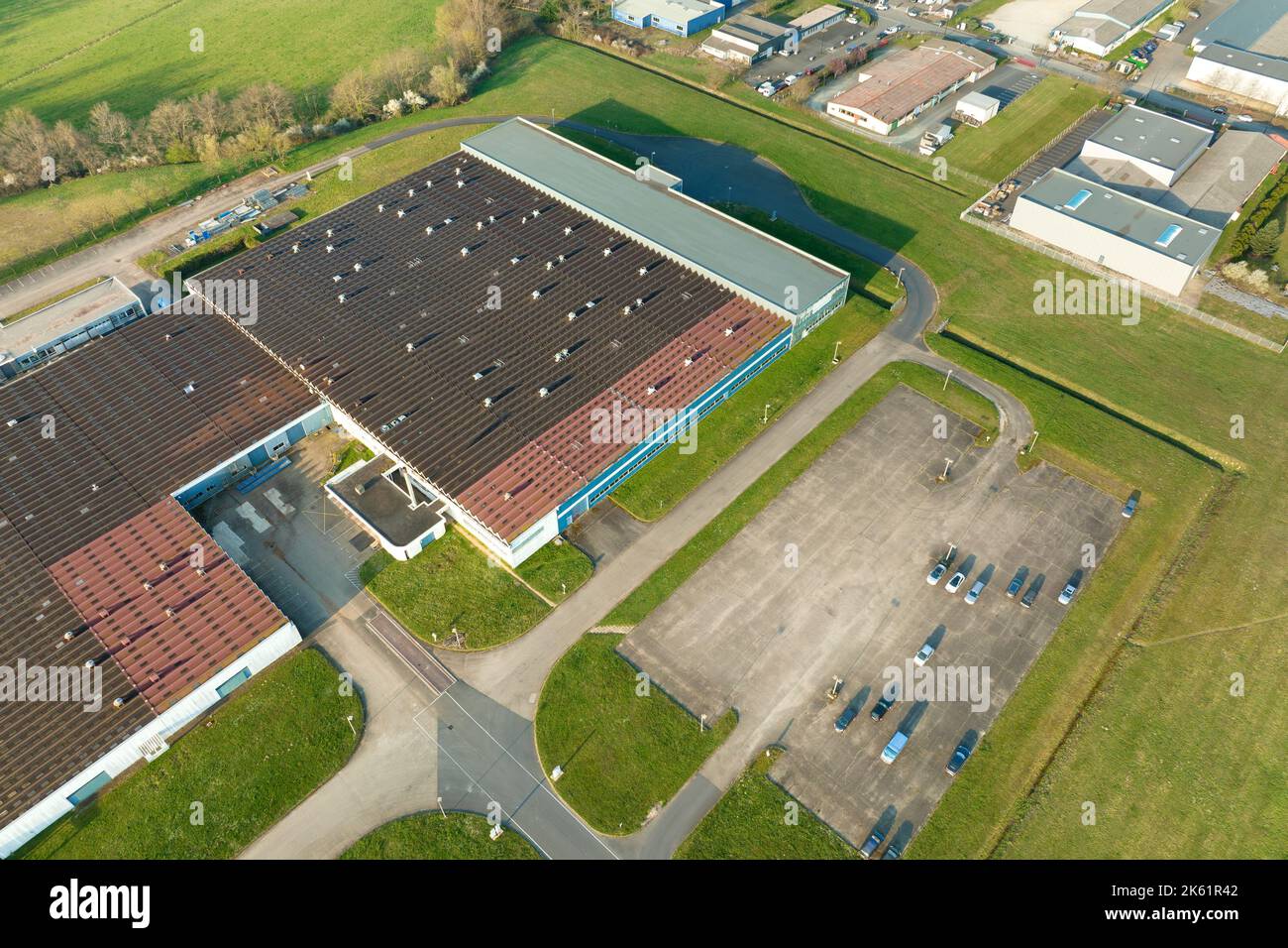 Aerial view of new factory building for producing and shipping of ...