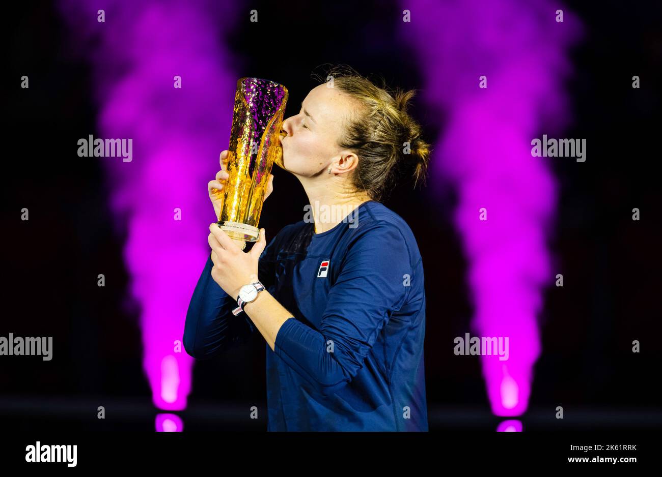 Barbora Krejcikova poses with the champions trophy after the final of ...