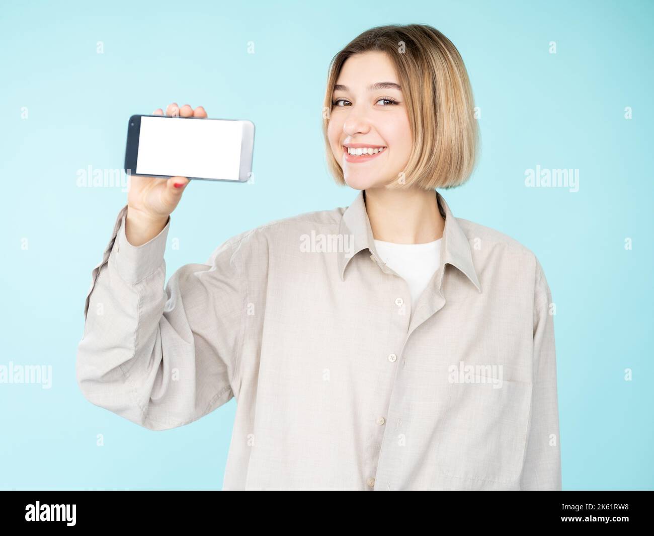 mobile app happy woman online education digital Stock Photo - Alamy