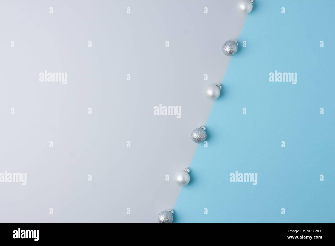 Christmas grey and blue minimal background with grey ball. Flat lay ...