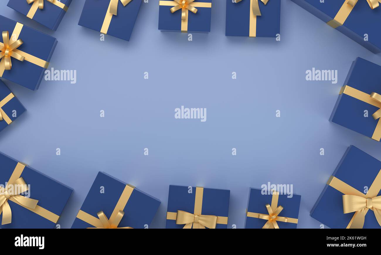 Blue background around Christmas or birthday gifts on top view. Elegant ...