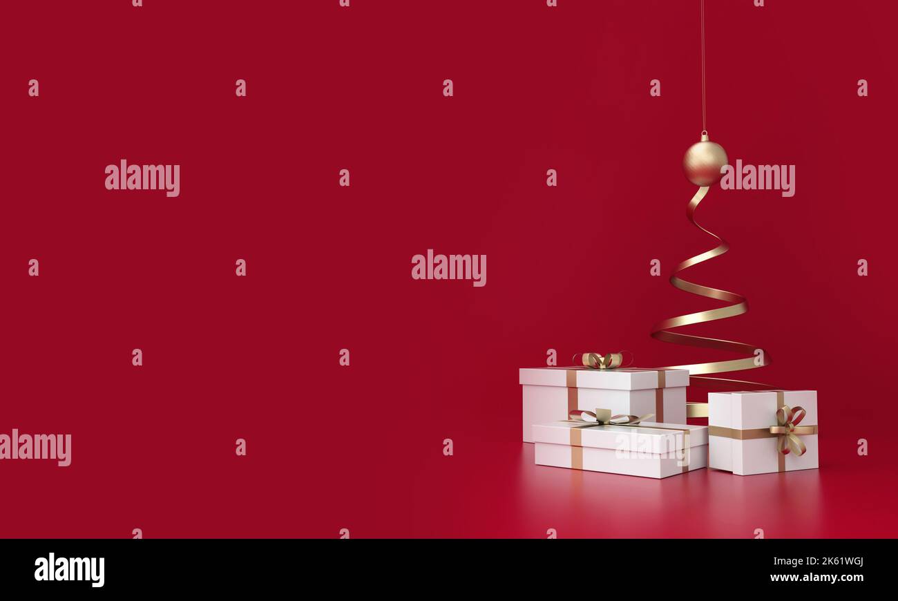 Christmas Spiral tree and gifts around and christmas tree golden on red ...