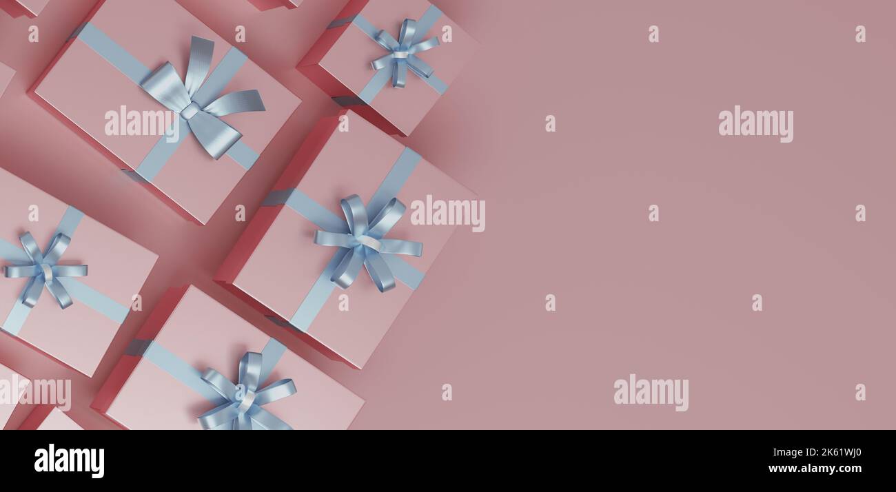 Pastel pink gift box with blue ribbon on top view on minimal pink ...