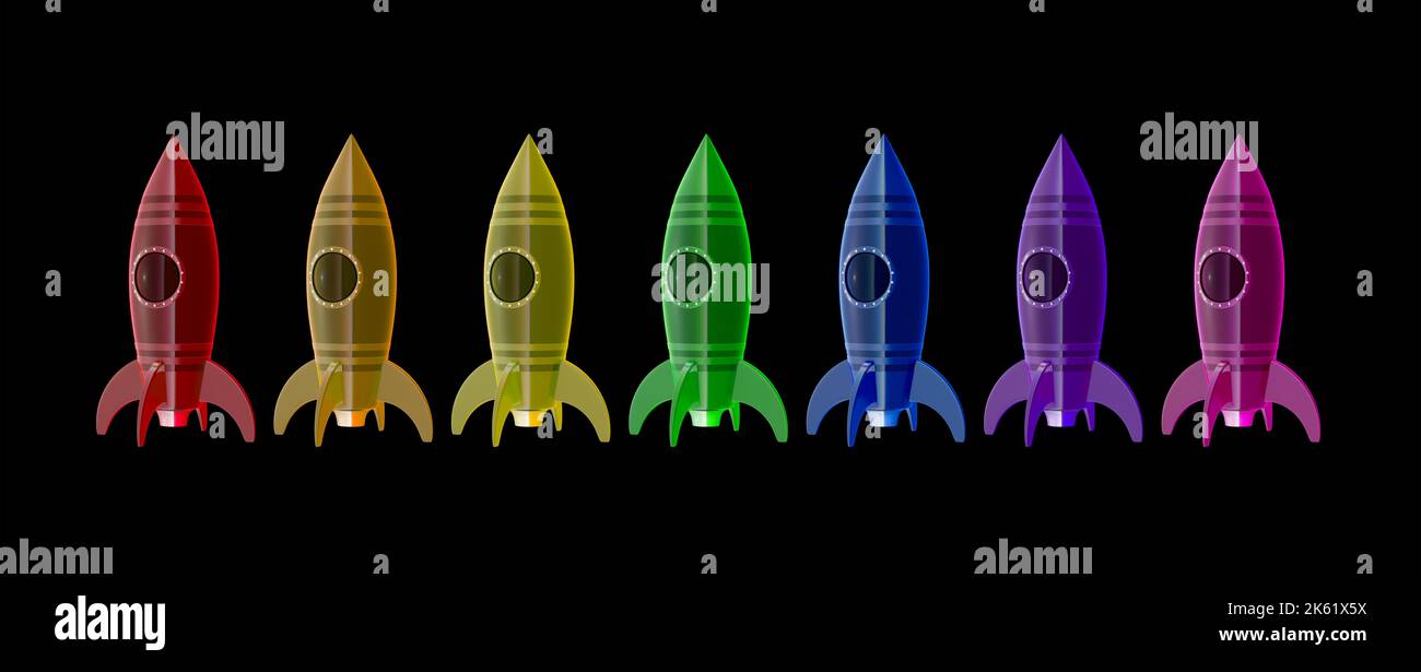 Colorful rocket space ships on black background. Space exploration ...