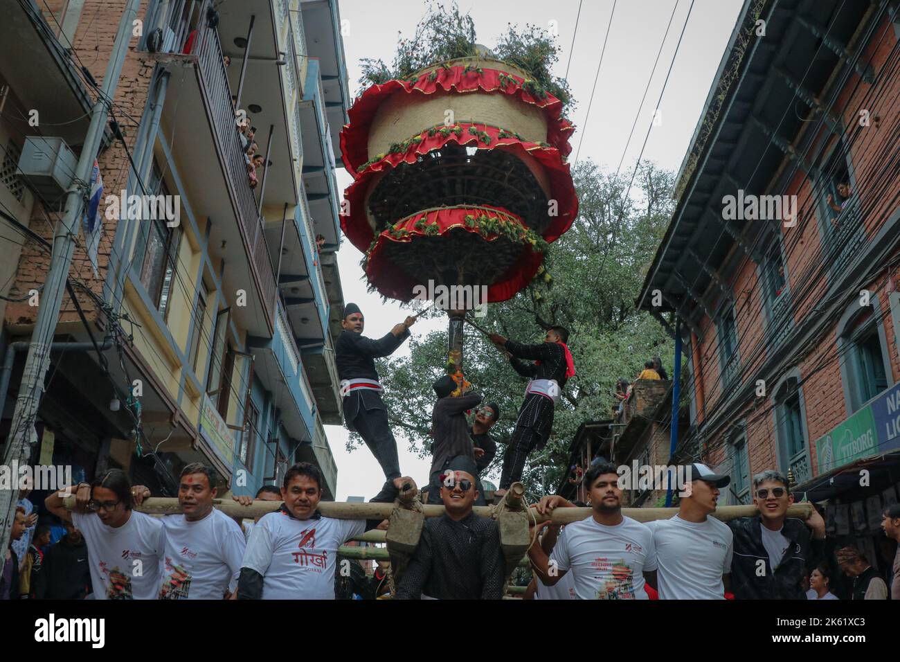 On October 10, 2022 in Kathmandu, Nepal. Nepalese devotees pull and ...