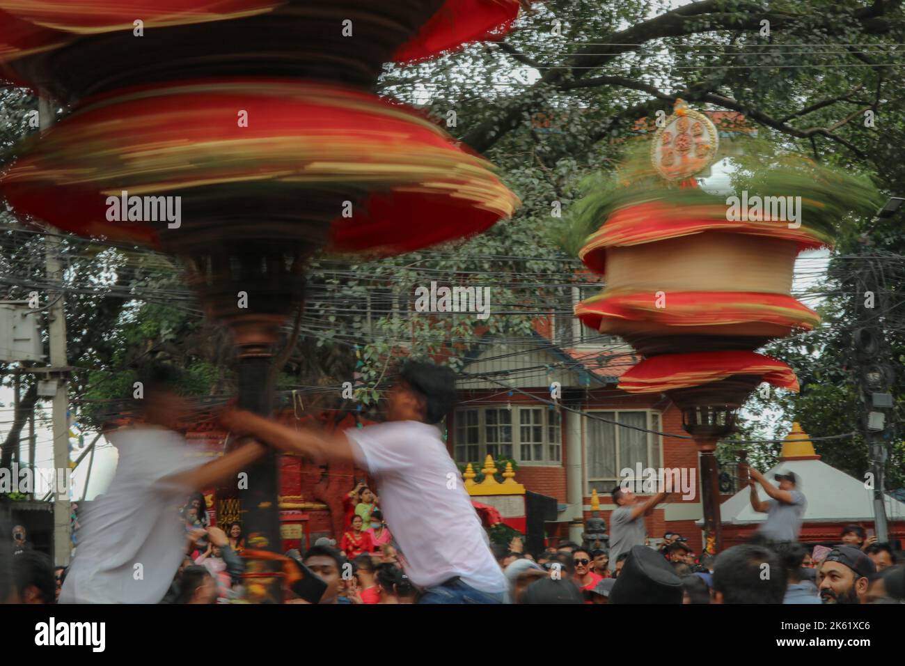 On October 10, 2022 in Kathmandu, Nepal. Nepalese devotees pull and ...