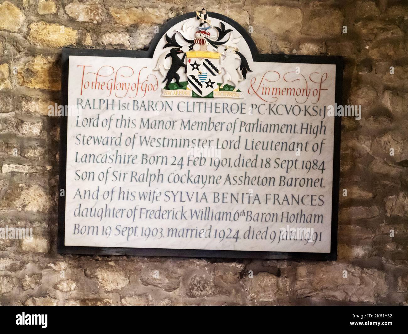 A memorial to Lord Clitheroe in Downham church near Clitheroe ...
