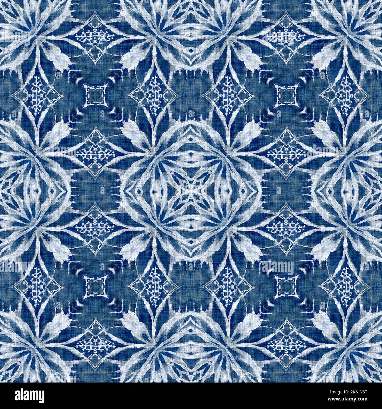 Indigo blue snow flake damask pattern background. Frosty painterly ...