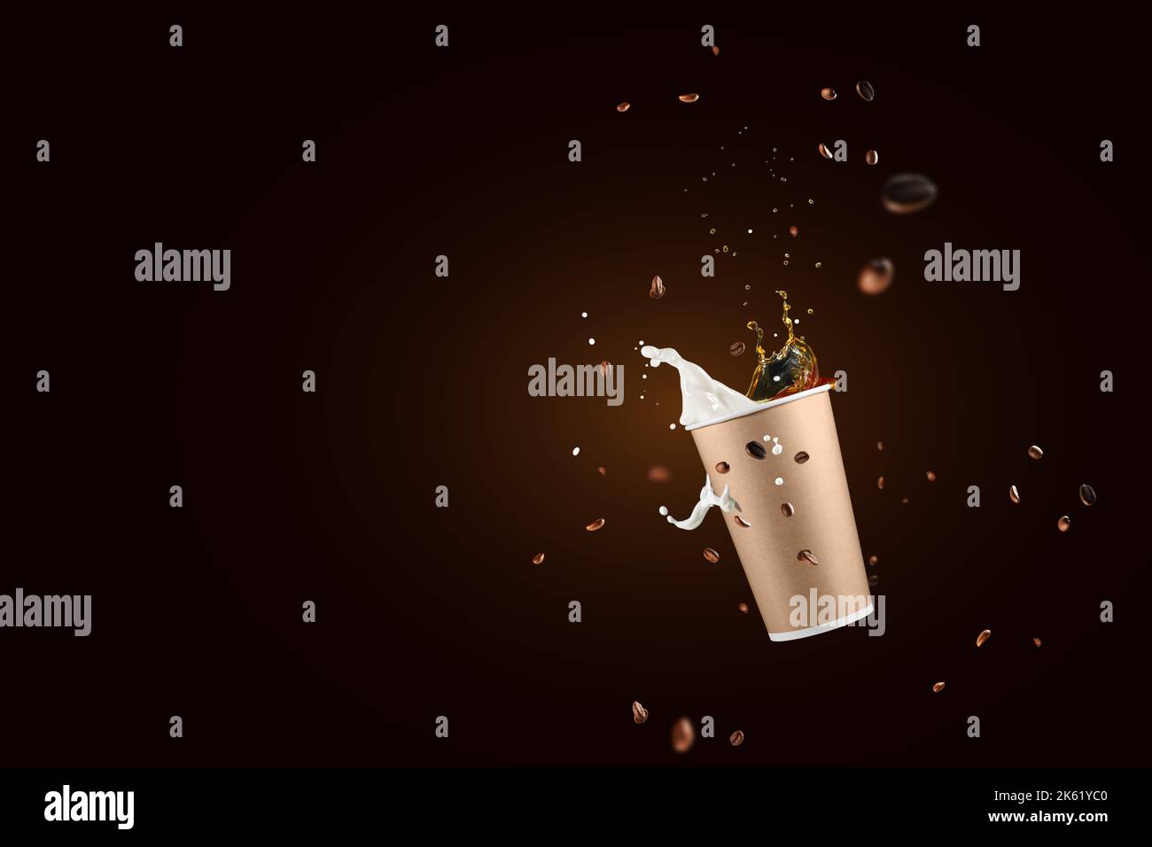 takeaway paper cup with splashing coffee. falling disposable paper cup ...