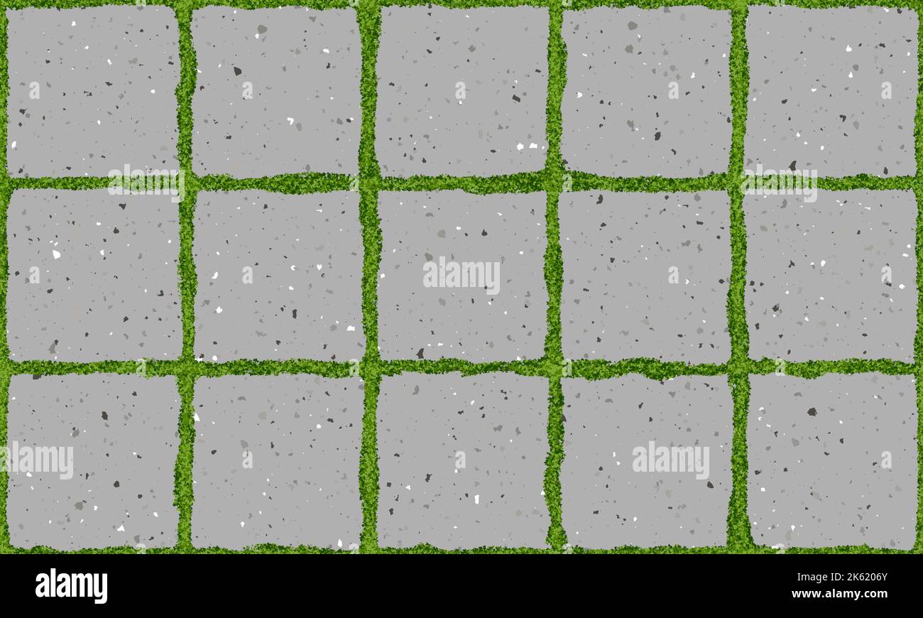 Seamless texture of old pavement with moss and concrete square bricks ...