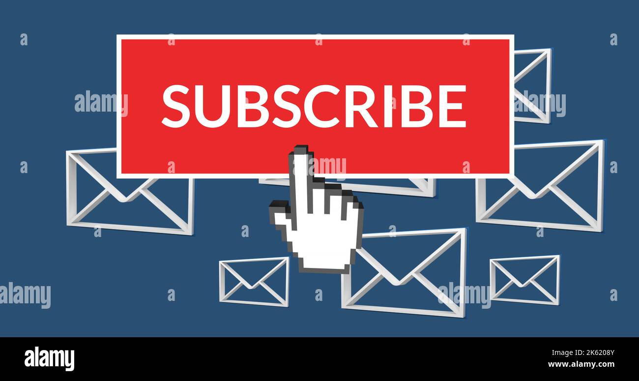 Image of subscribe, envelopes and hand over navy background Stock Photo ...
