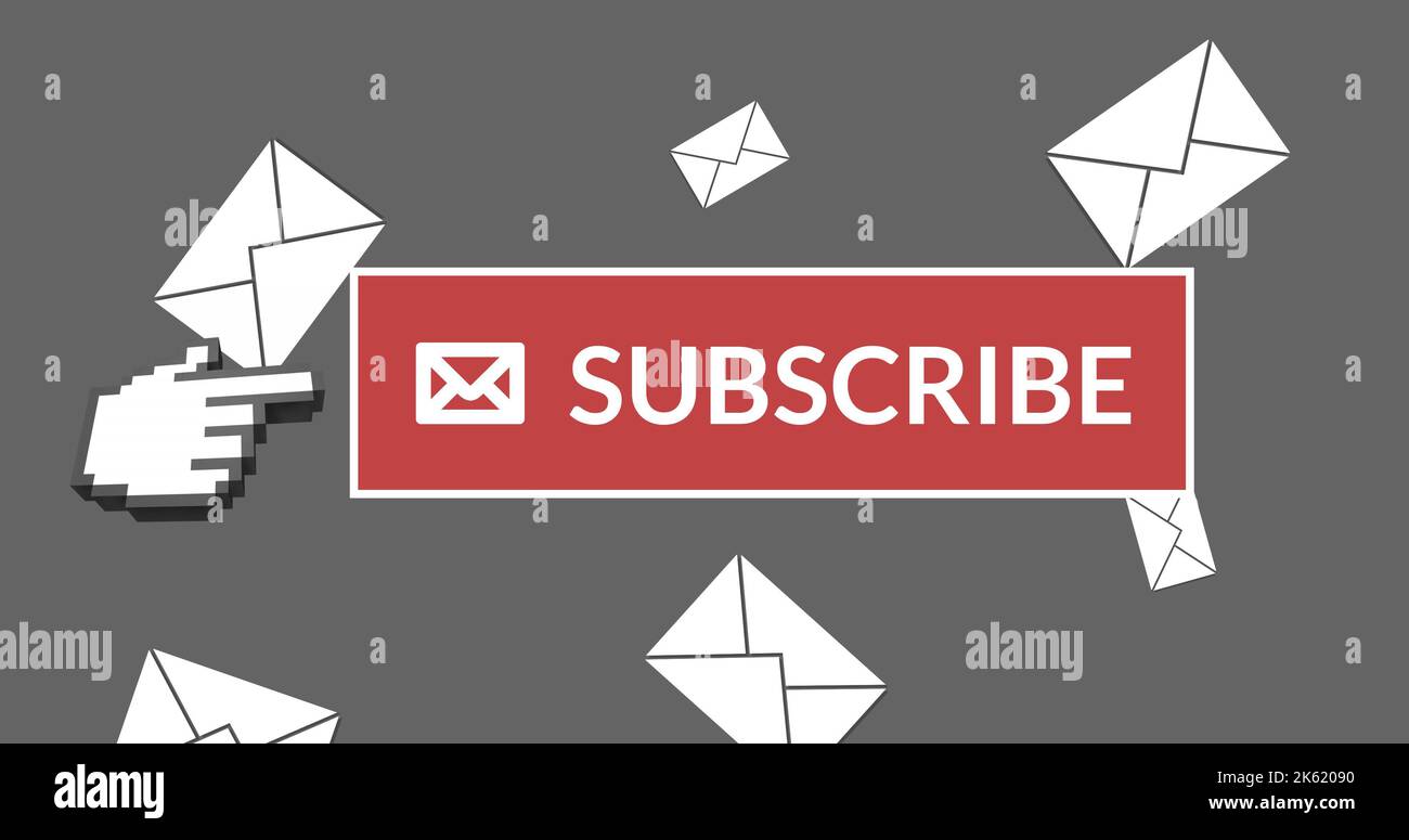 Image of subscribe, envelopes and hand over grey background Stock Photo ...