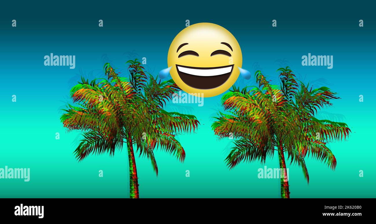 Image of happy emoticon over 3d palm trees on blue and green background ...