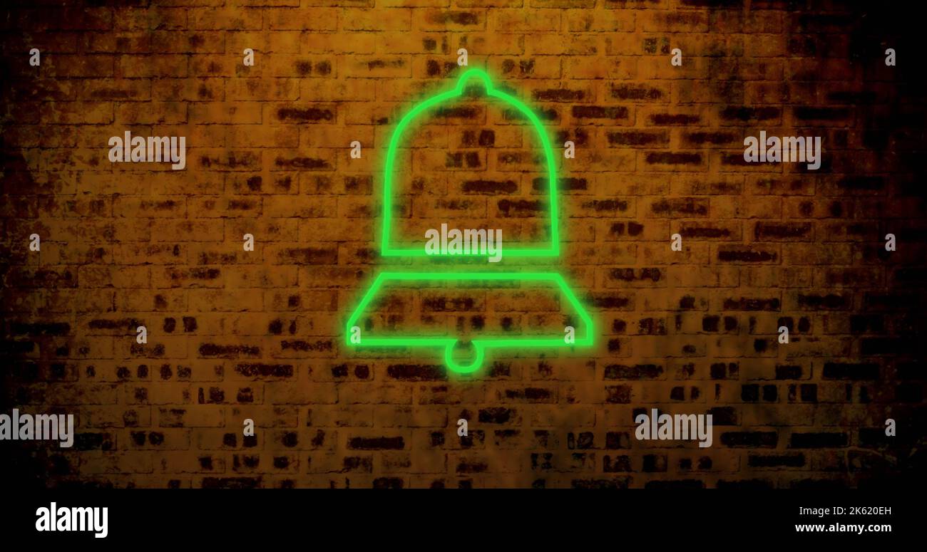 Composite of digital green notification bell icon glowing against old ...