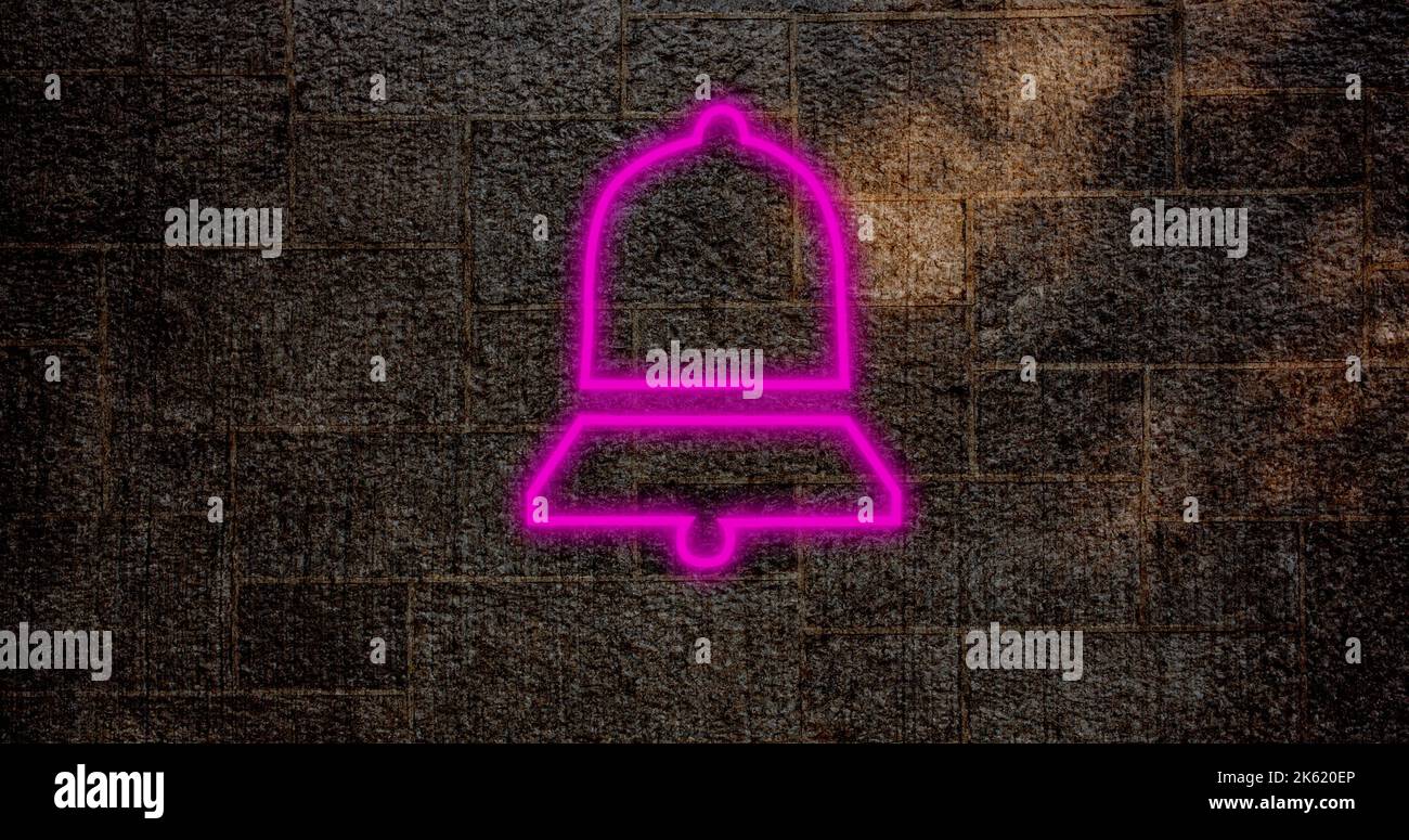 Composite of pink digital notification bell icon glowing against old ...