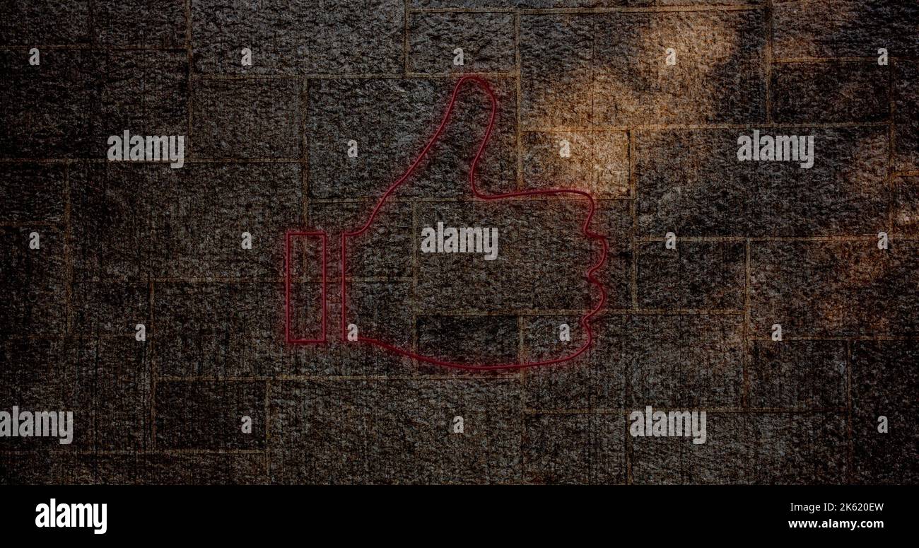 Composite of red like button icon against old grunge wall, copy space ...