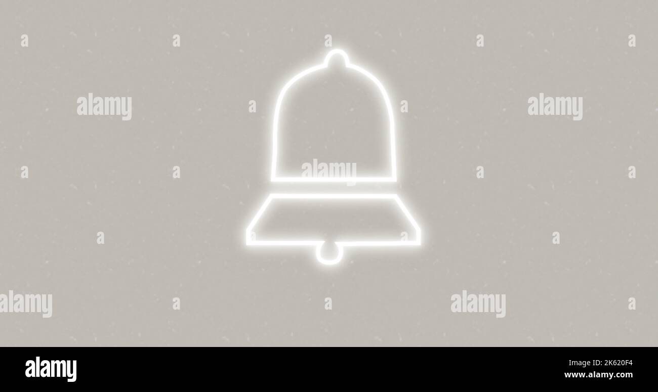 Composite of illuminated digital notification bell icon against white ...