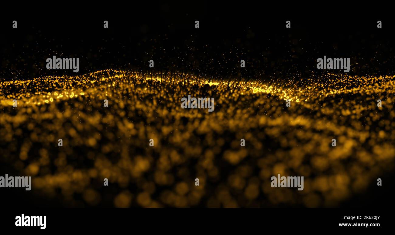 Illustration of golden particles forming wave pattern against black ...