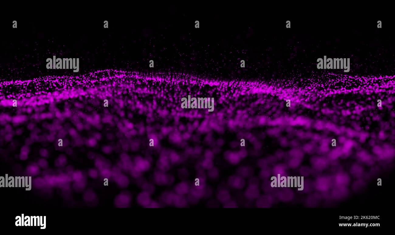 Illustration of purple particles forming wave pattern against black ...