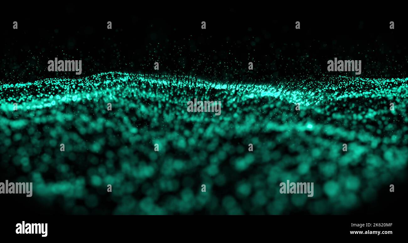 Illustration of green particles forming wave pattern against black background, copy space Stock ...