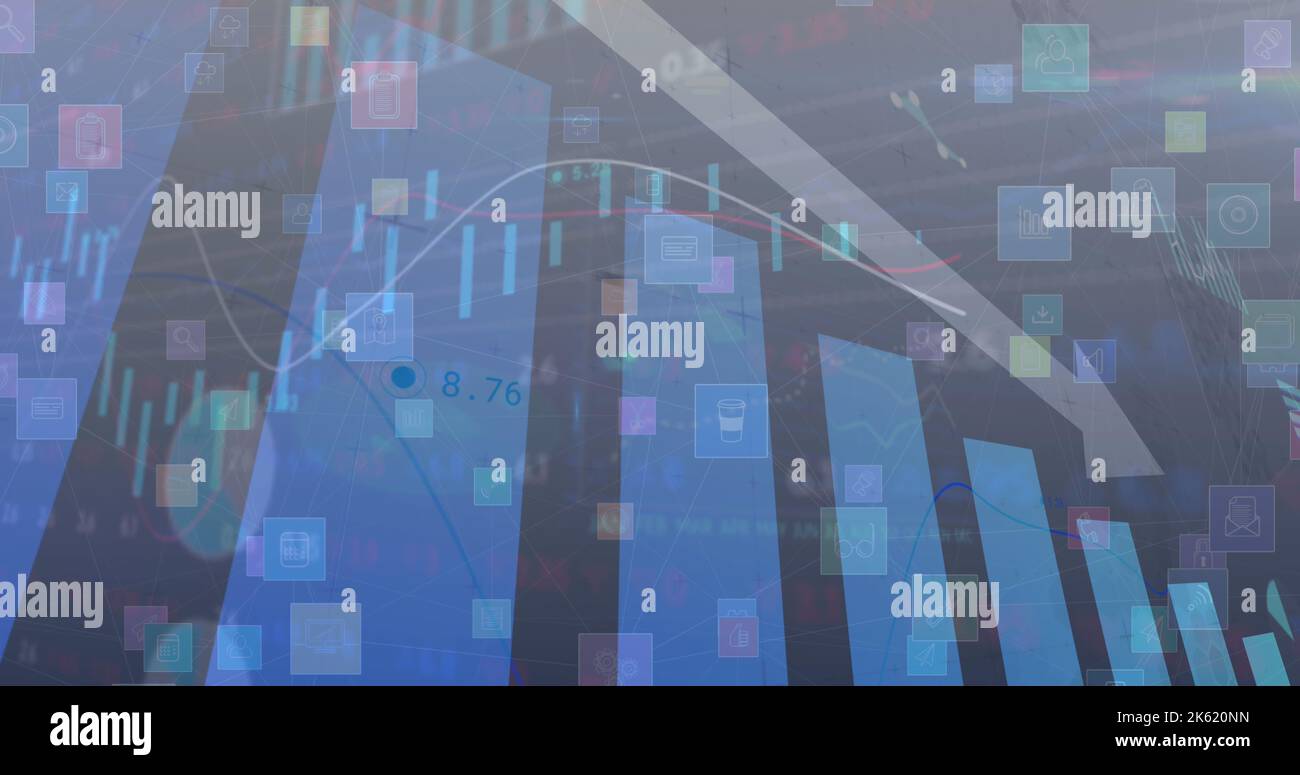 Illustration of multiple graphs and computer application icons against ...