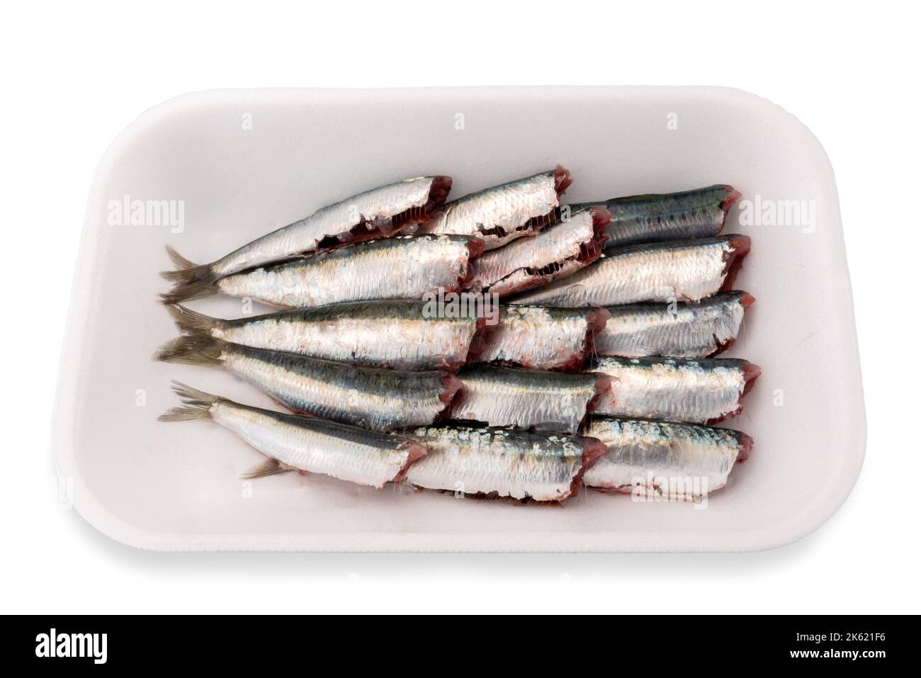 Clean sardines ready to cook in plastic food tray isolated on white ...