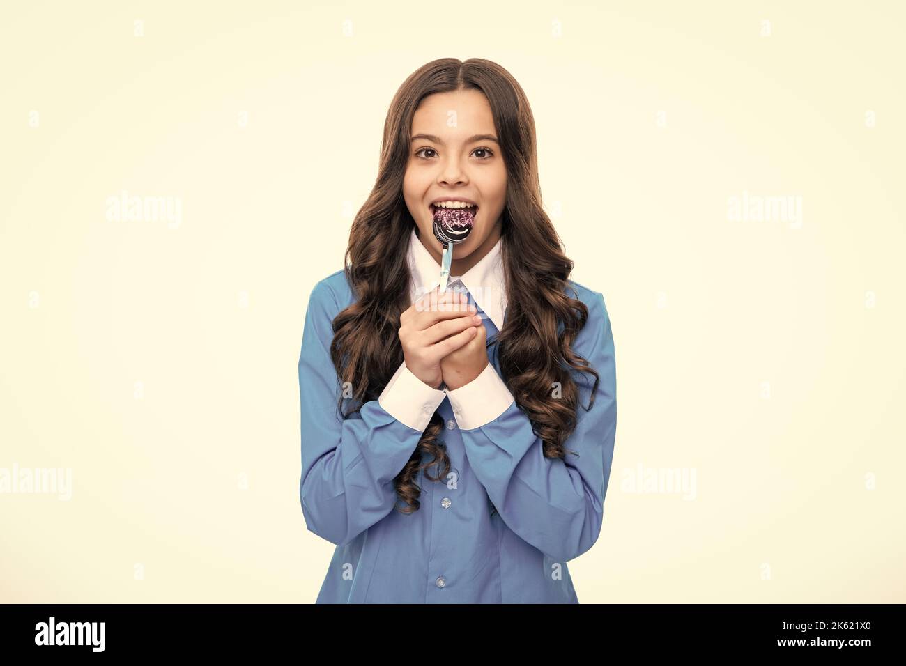 Teenager girl with caramel candies on sticks, sweet sugar addiction ...