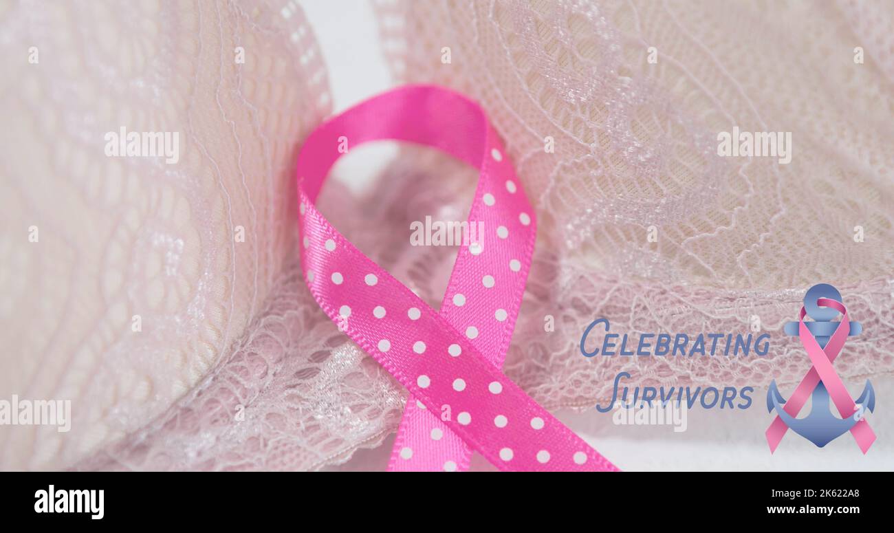 Composite of pink awareness ribbons on textured cloth and celebrating ...