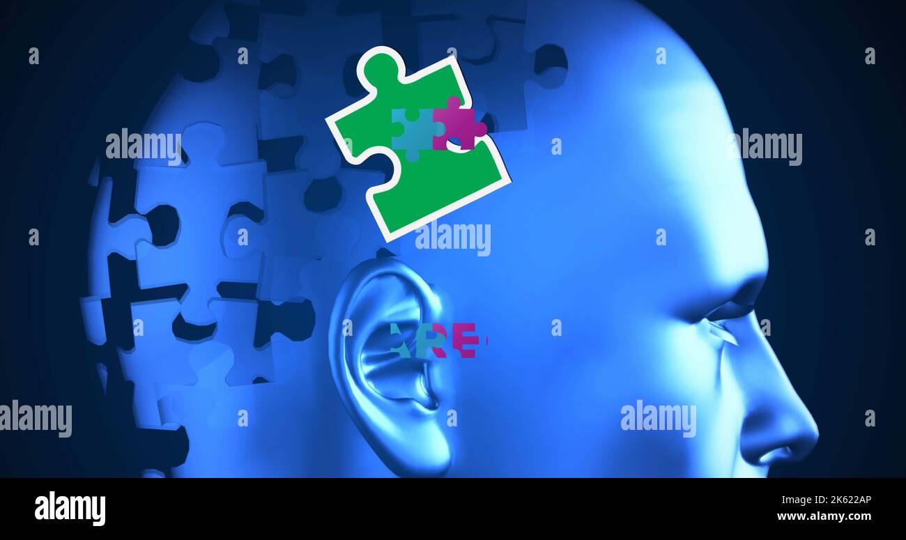 Illustration of jigsaw pieces over human head against blue background ...
