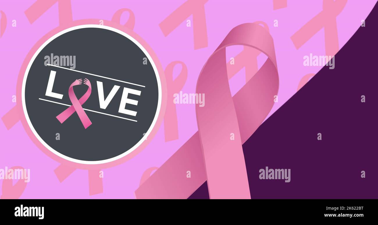 Illustration of love text in circle with pink awareness ribbons on ...